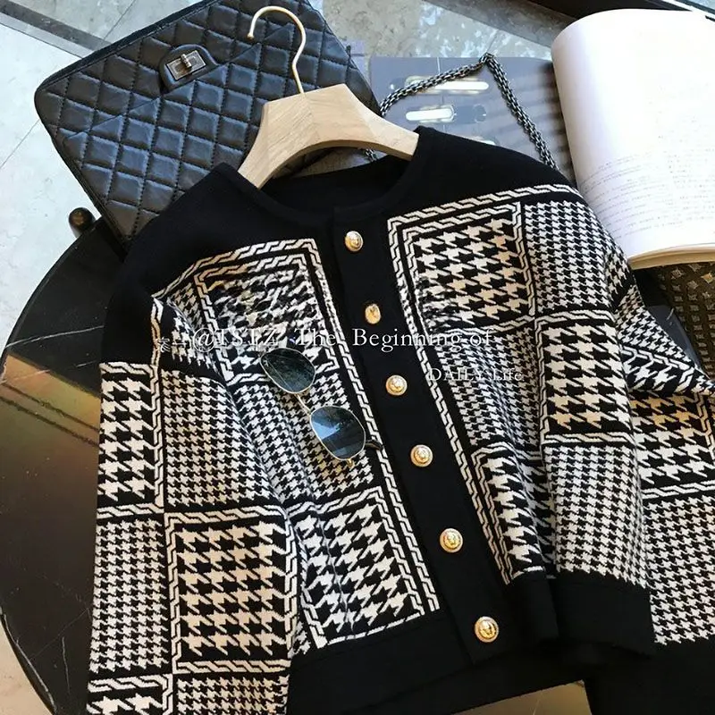 Vintage Black Plaid Sweater Women's Spring And Autumn Lazy Temperament ...