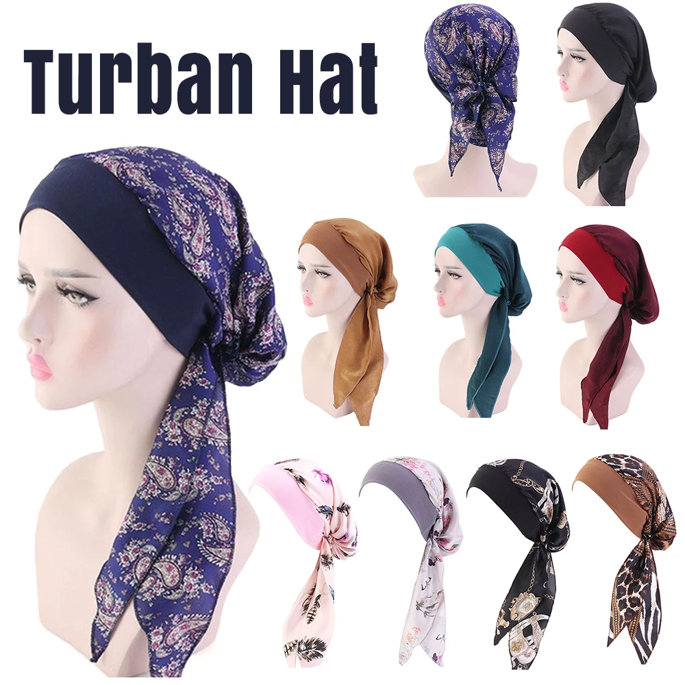 Pre-Tied Turban Hat Headwear Hair Loss Muslim Hijab Cancer Head Scarf ...