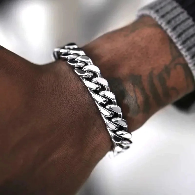 10mm Men's Bracelets Stainless Steel Curb Cuban Link Chain Silver Color ...