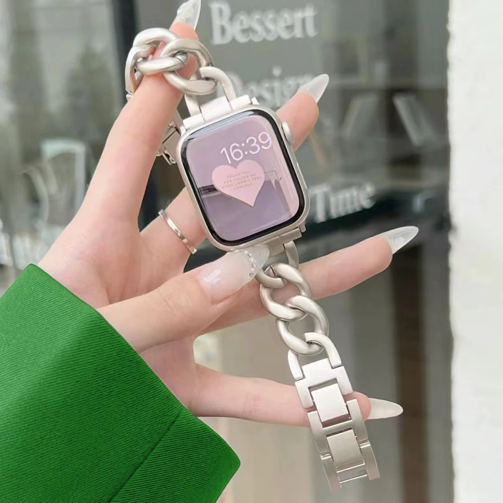 男性と女性のための金属製リストバンド、デニムチェーンスタイル、交換、AppleWatchシリーズ987654321と互換性があります ...