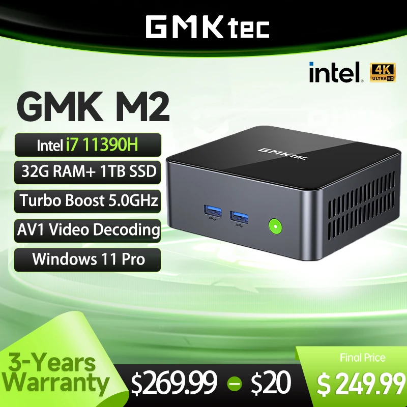 GMKtec M2 Mini Pc Intel i7 11390H DDR4 NVME SSD 4C/8T Windows 11 Pro ...