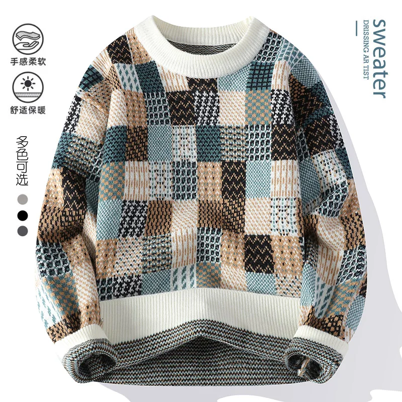 Casual Round Neck Knitted Sweater Men's Autumn Winter American Style ...
