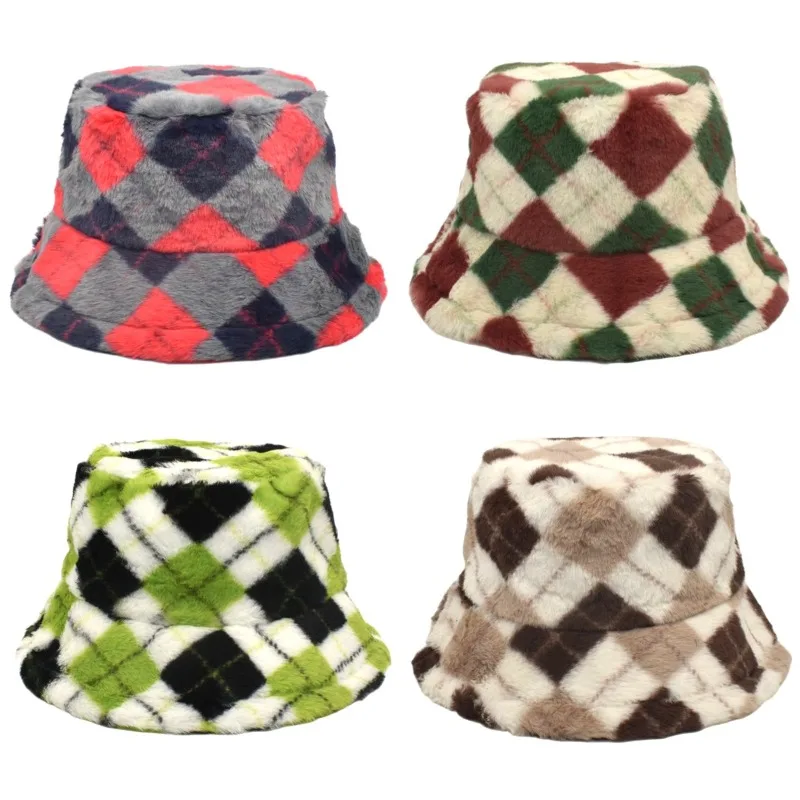 Lattice-Print-Winter-Bucket-Hats-for-Women-Men-Thickened-Fluffy-Panama ...