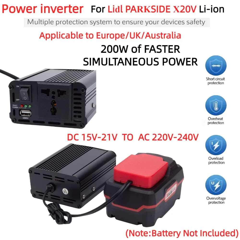 200W-Portable-Power-Inverter-for-Lidl-PARKSIDE-X20V-Battery-DC-18V-To ...