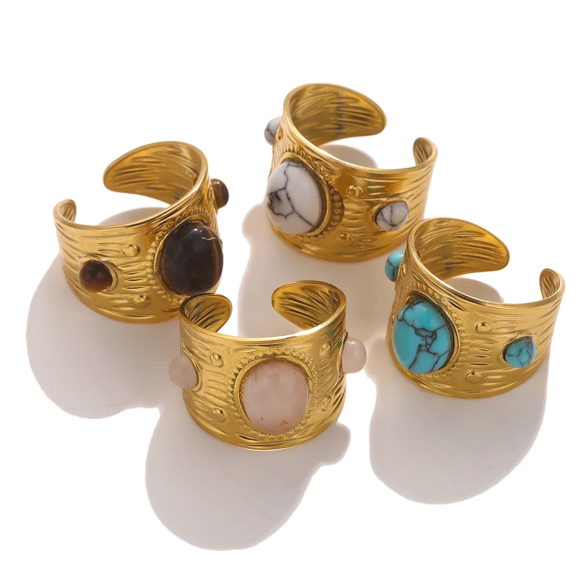 European-Stainless-Steel-Gold-Plated-Natural-Stone-Open-Rings ...