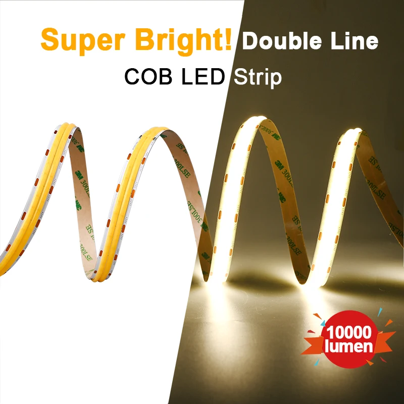 Fita LED COB de fileira dupla 10000lm Super brilhante 600 LEDs/m Fita ...