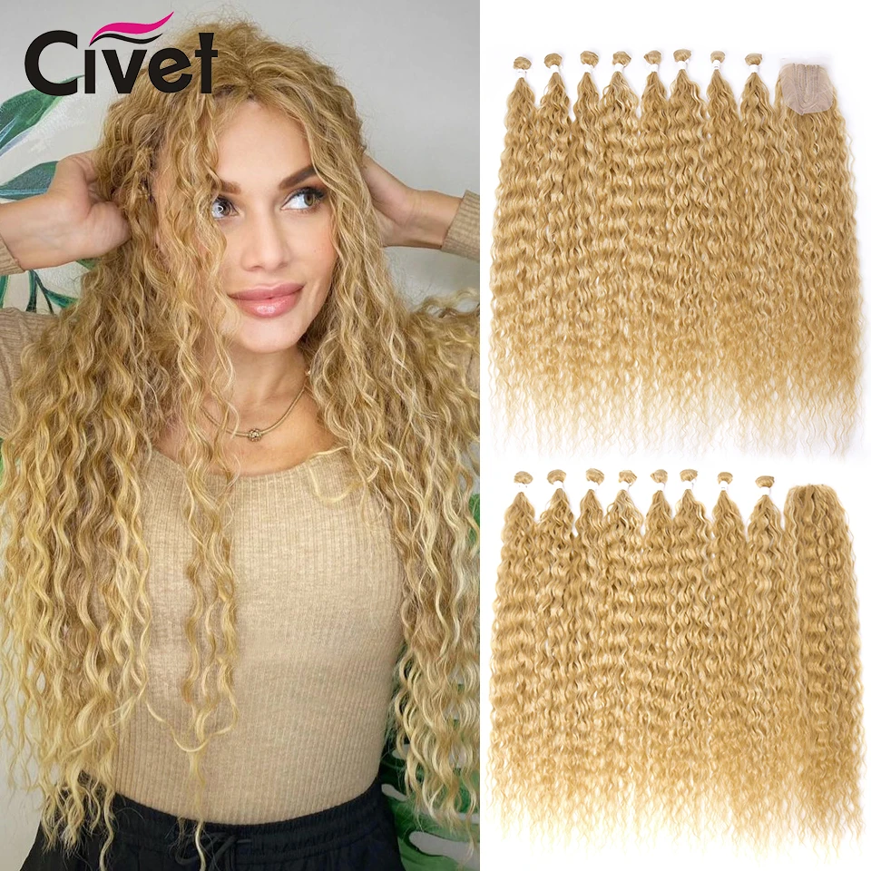 30-Inches-Afro-Kinky-Curly-Hair-Weave-9Pcs-Lot-Ombre-Blonde-Synthetic ...