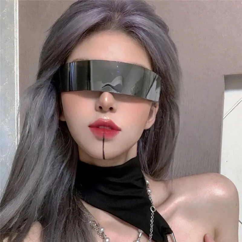 Y2K Future Warrior Rimless Sunglasses One Piece Lens Wrap Around Cyber ...