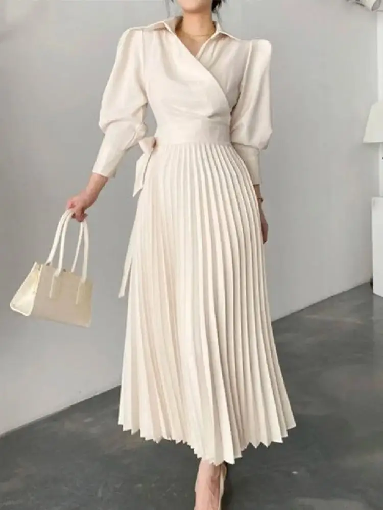 Spring-Women-Dress-Solid-Color-Puff-Sleeves-Lace-up-Waist-A-line ...