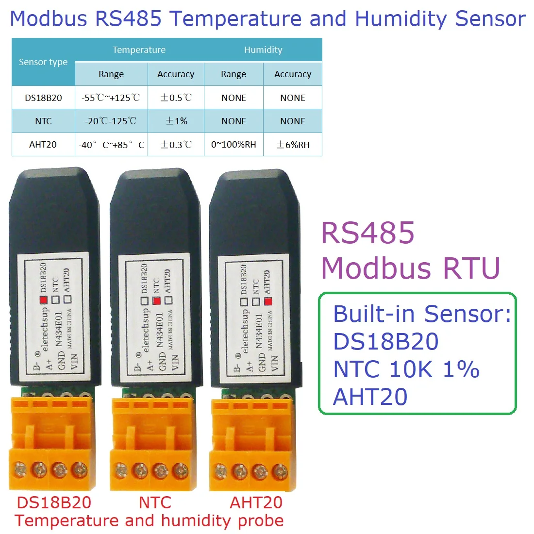 Built in DS18B20/NTC/AHT20 RS485 Temperature and Humidity Sensor Modbus ...