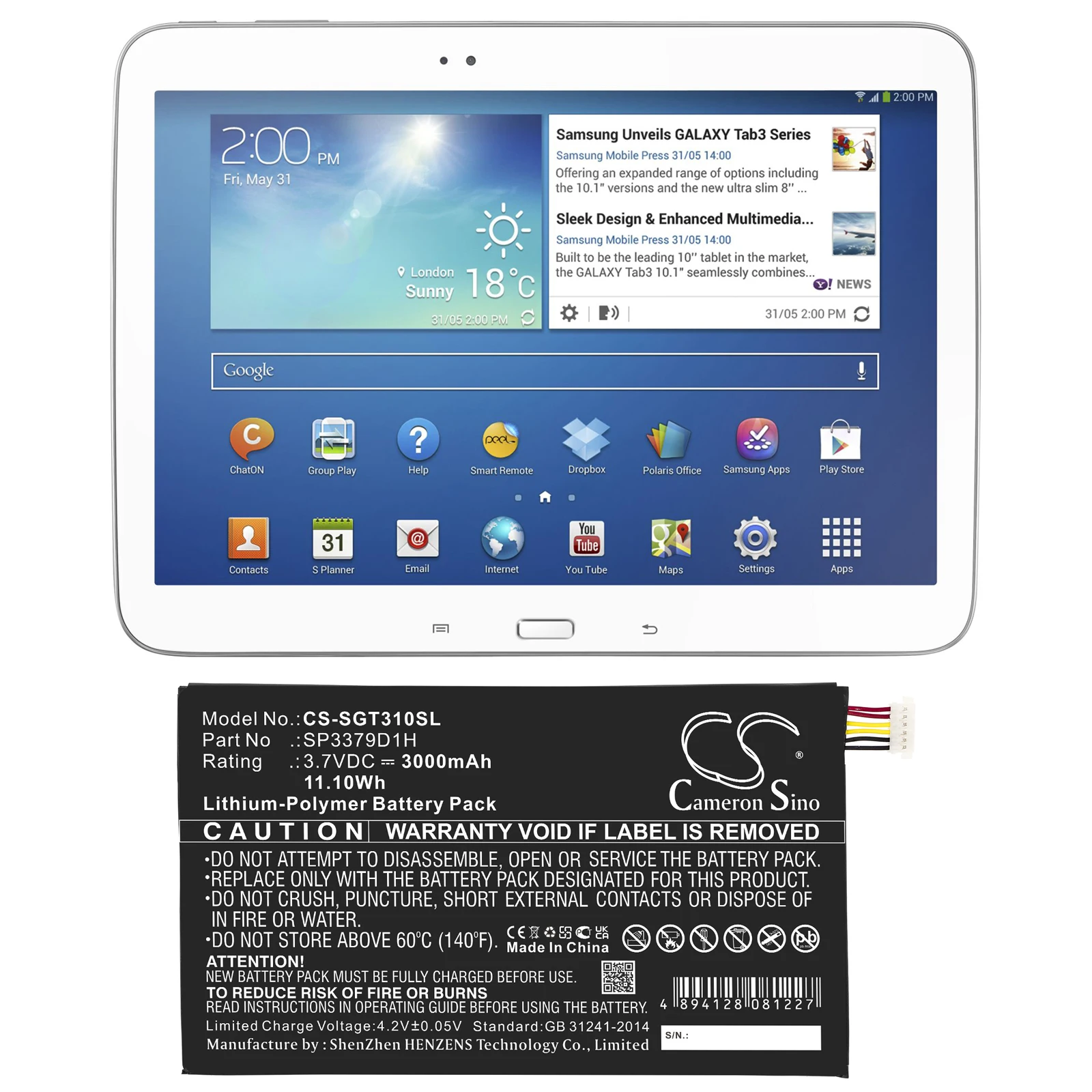 Cameron sino 3.7v 3000mah bateria tablet sp3379d1h, aaad415js/7-b para ...