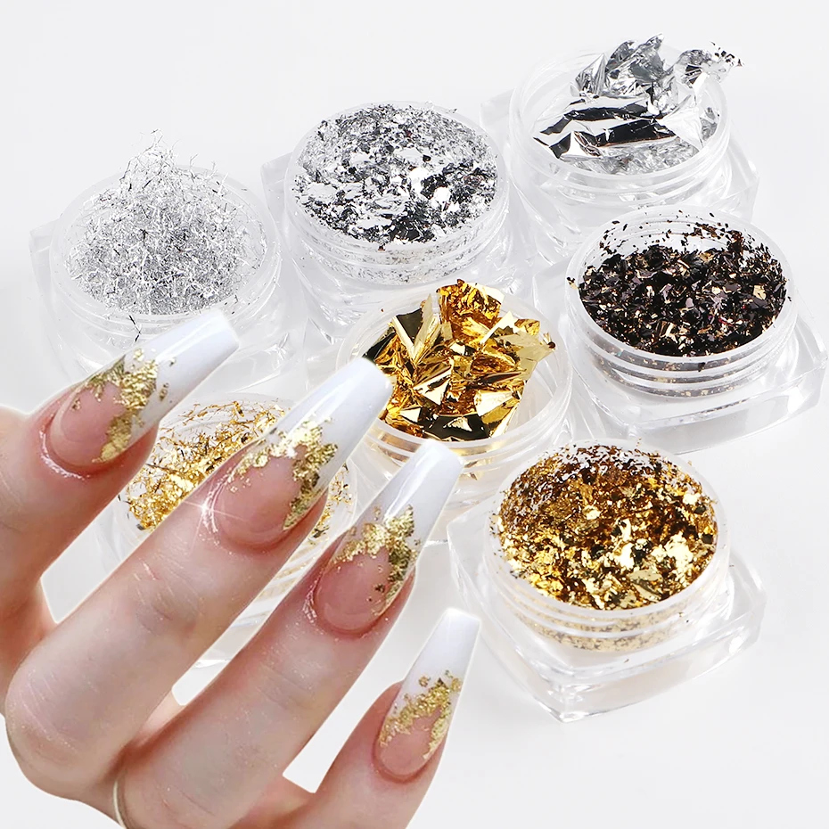 7 Boxes Aluminum Nail Flakes Foils Set Gold Silver Irregular Paillette ...