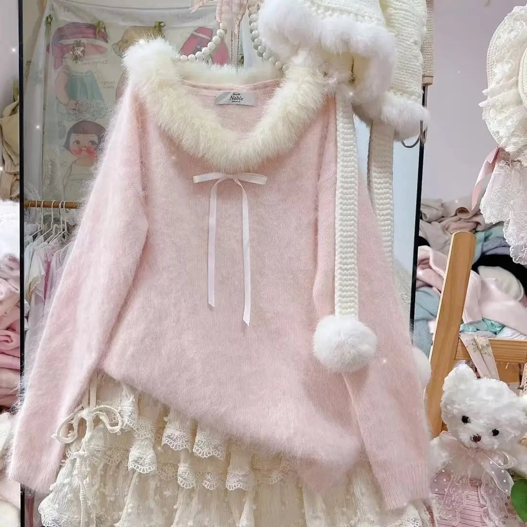 Sweet-Korean-Knitted-Sweater-Women-Autumn-Winter-Faux-Fur-Jumper-Female ...