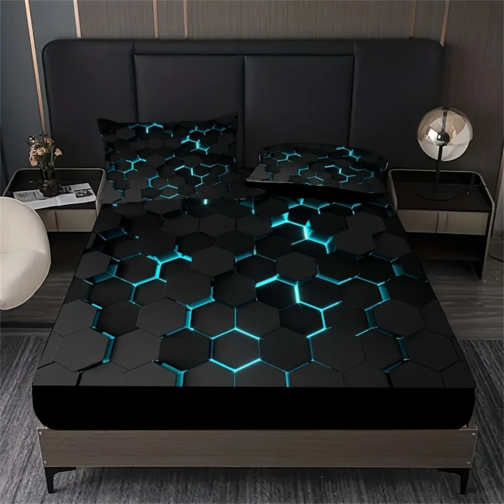Blue-3D-Hexagonal-Honeycomb-Geometry-Print-Fitted-Sheet-Set-Column ...