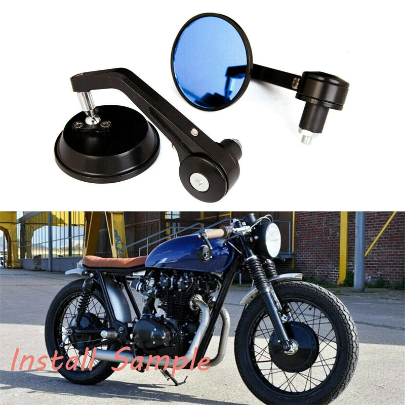 7-8-Motorcycle-Handle-Bar-End-Rearview-Mirrors-Retro-Round-Blue-Side ...
