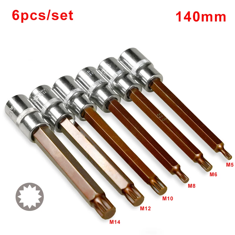 6pcs/set 140mm Length 1/2" Drive S2 Alloy Torx Screwdriver Bit 12 Point ...
