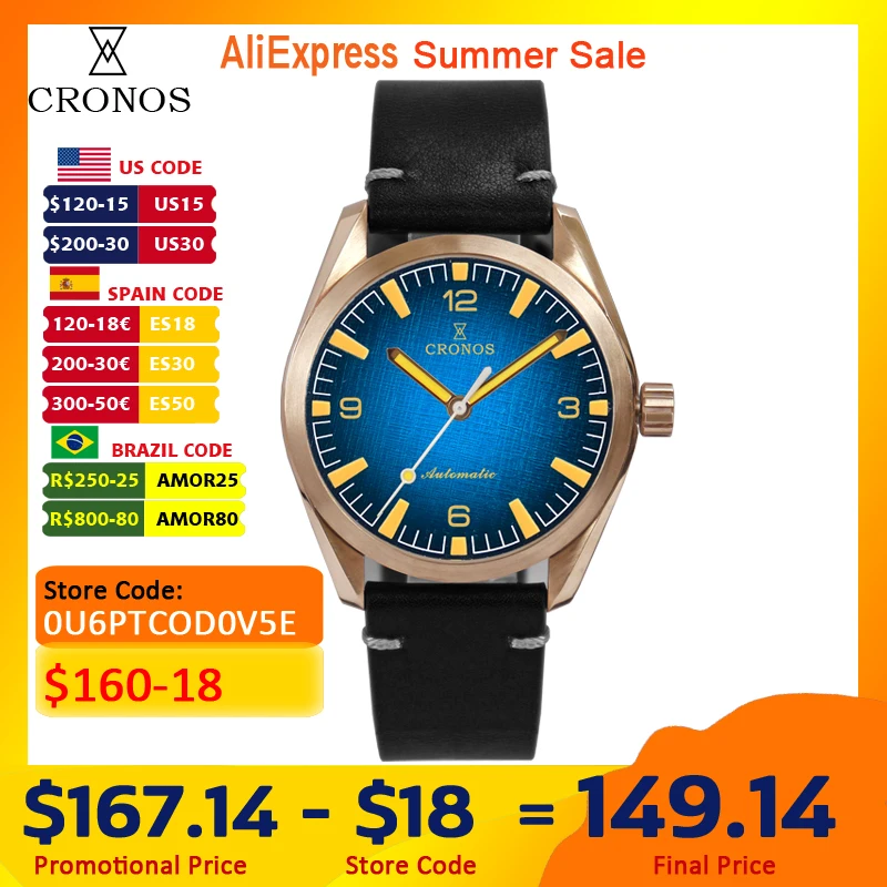 Cronos reloj de buceo para hombre, cronógrafo de bronce con esfera Gradual, automático, PT5000 ...