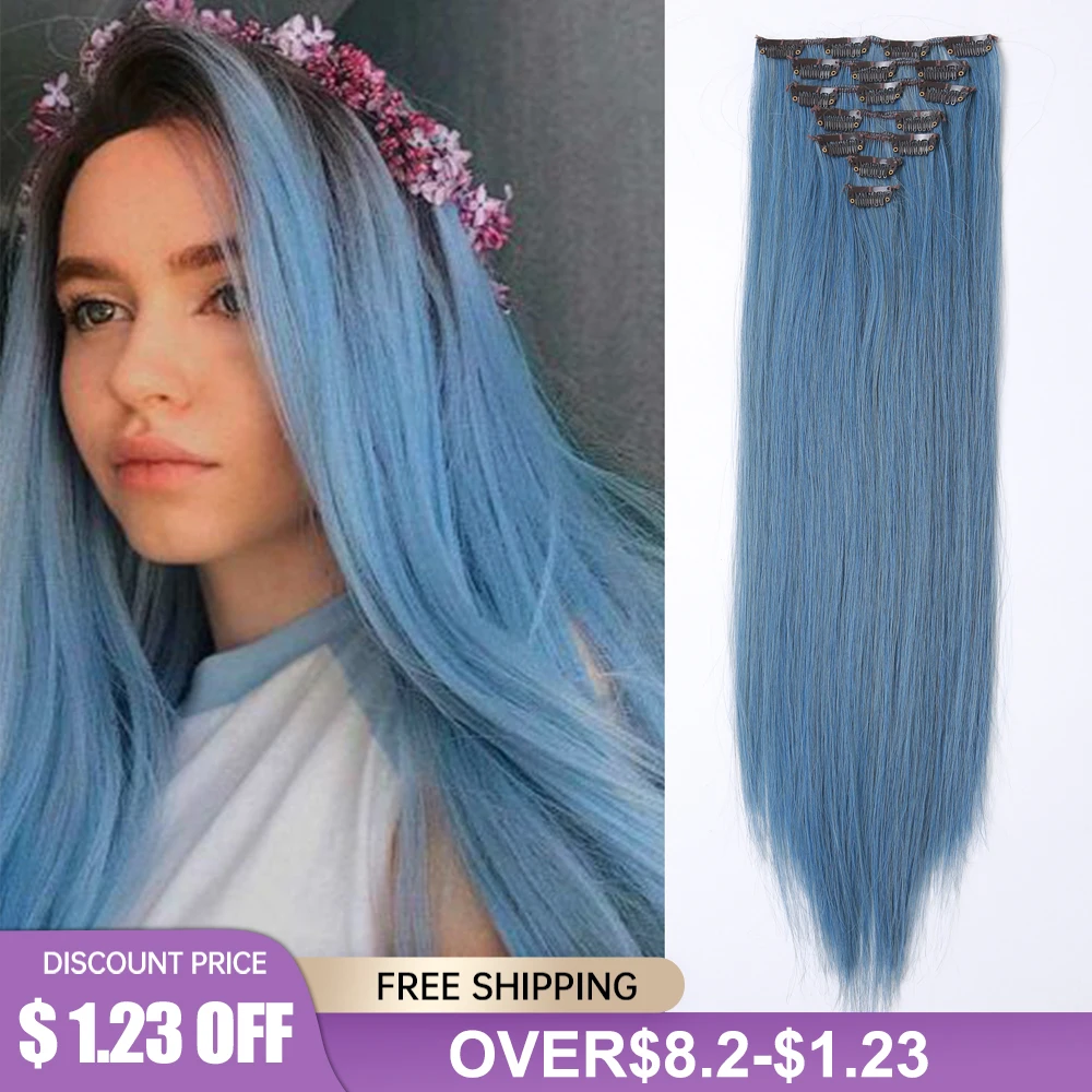 HAIRCUBE-Long-Blue-Clips-in-Hair-Extension-Synthetic-Straight-Blue ...