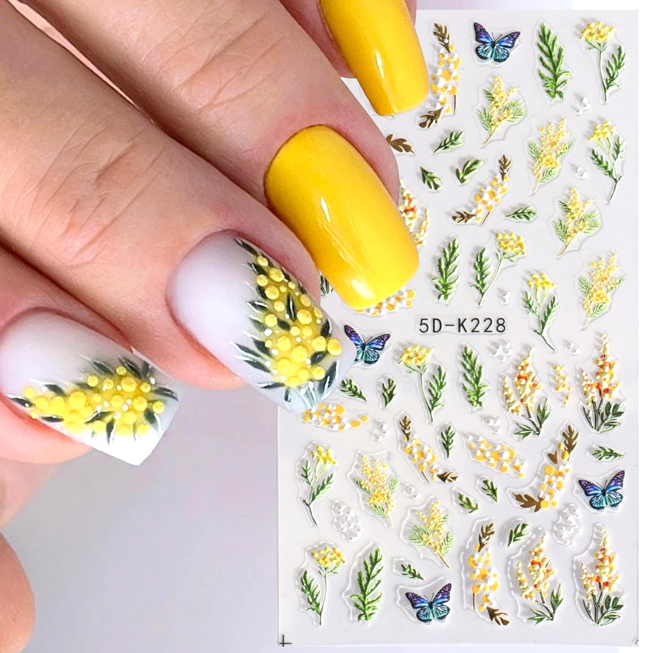 5d Yellow Mimosa Textured Nail Sticker Decal Simple Flowers Butterfly ...