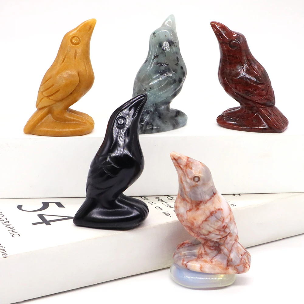 2" Raven Statue Natural Black Obsidian Crystal Healing Stone Carved ...
