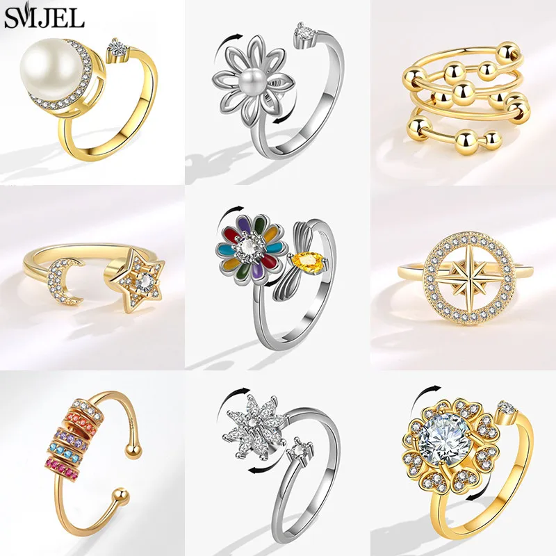Anillo relajante antiansiedad de lujo para mujer, flor de cristal ...
