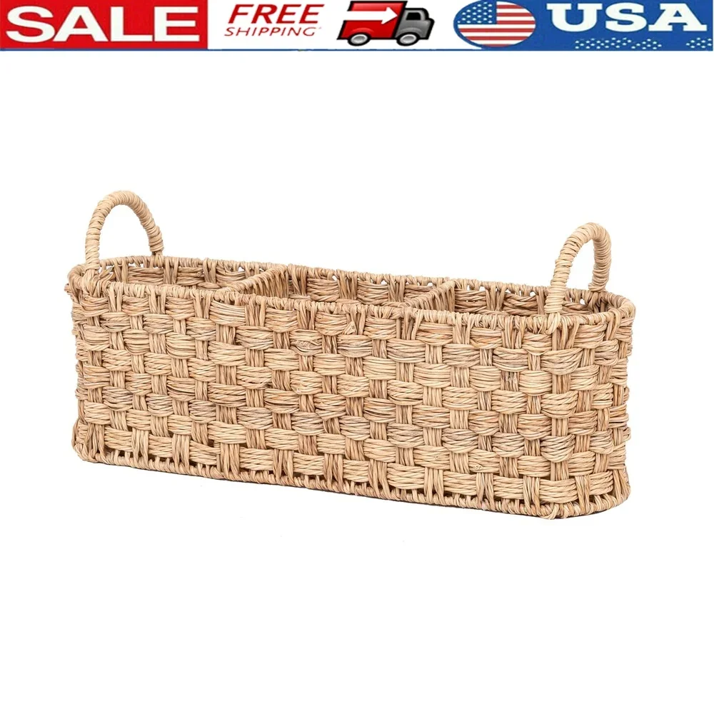 Beige Oval Rattan Utensil Caddy Metal Frame Divided Basket Kitchen ...