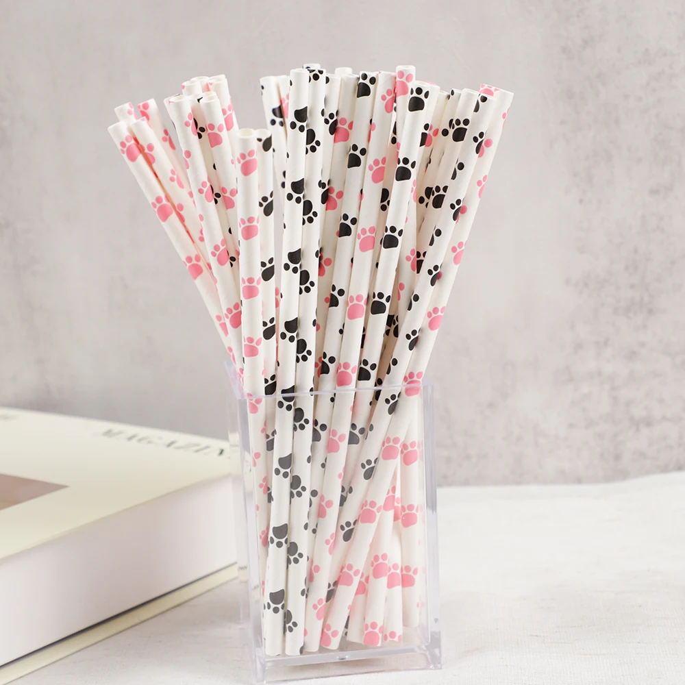 50Pcs-Dogs-Paw-Disposable-Paper-Straws-Cat-Paw-Biodegradable-Drinking ...