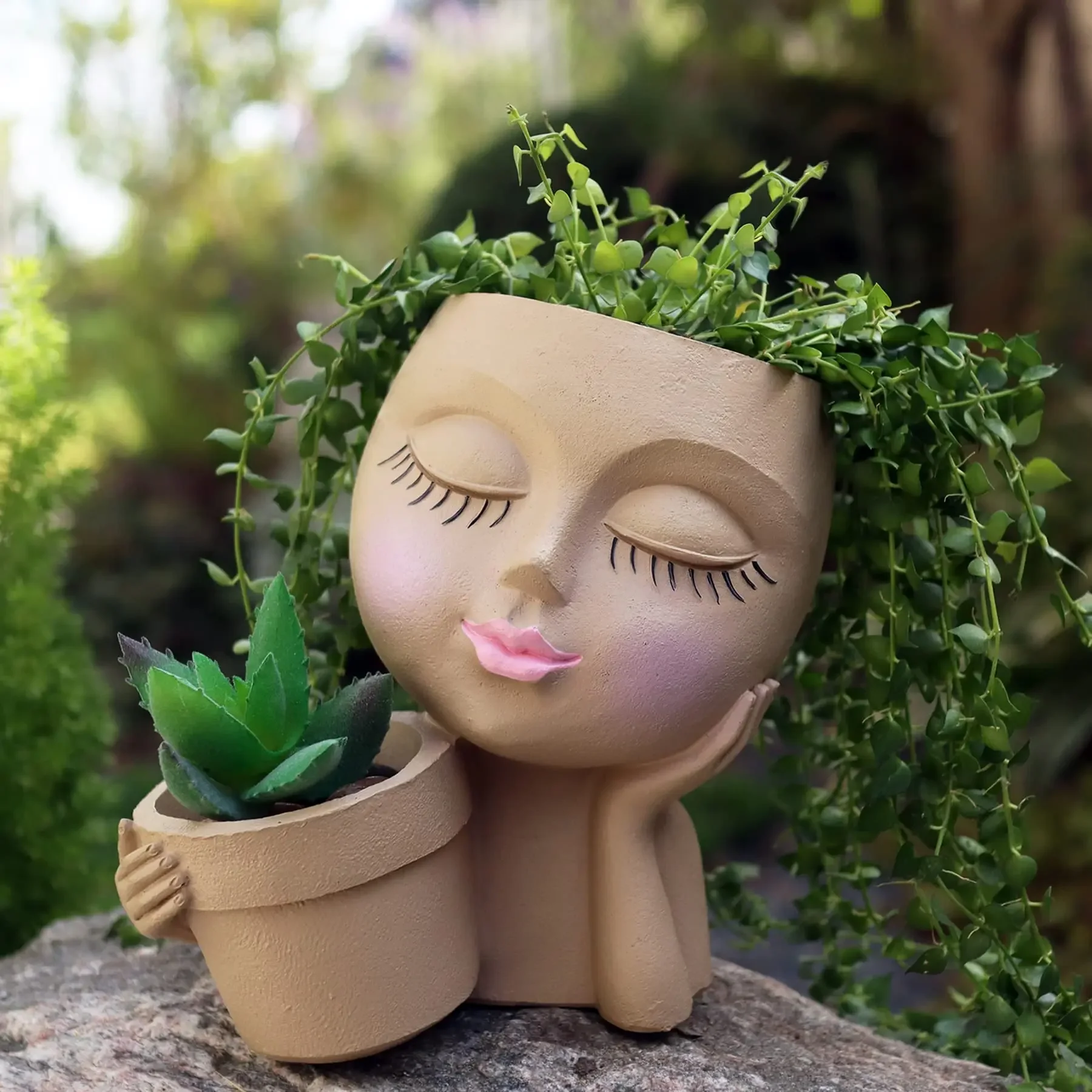 Girls-Face-Head-Flower-Planter-Closed-Eyes-Figure-Sculpture-Resin ...