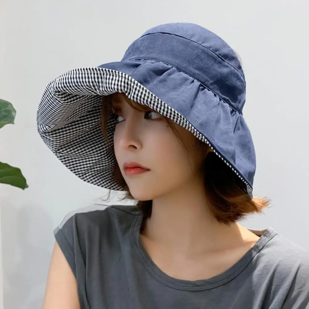 Women-Sun-Hat-Wide-Brim-Face-Protection-Plaid-Lining-Empty-Top-Two-way ...