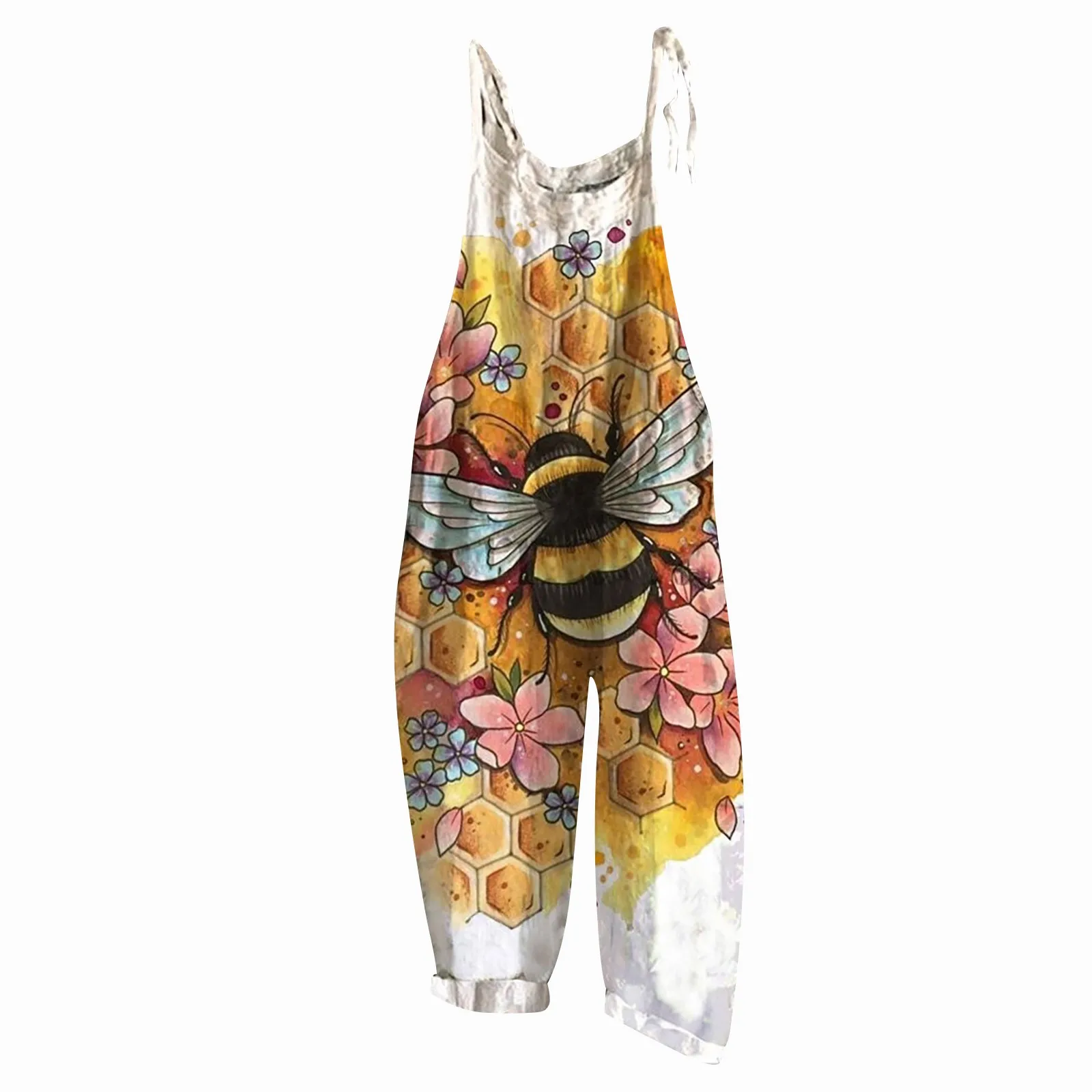 Female-Jumpsuits-Bee-Print-Bib-Overall-Sleeveless-Backless-Knotted ...