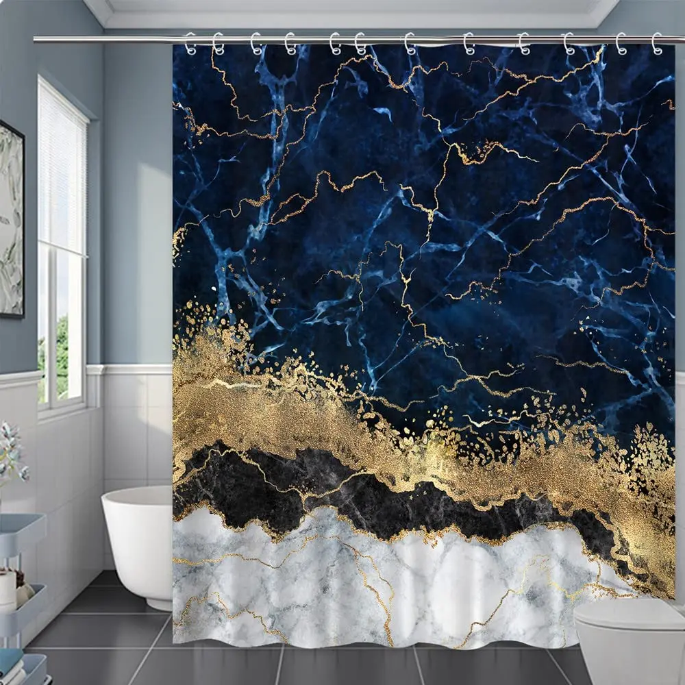 WNavy Blue Marble Shower Curtains Gold Cracked Lines Crystal Geode ...