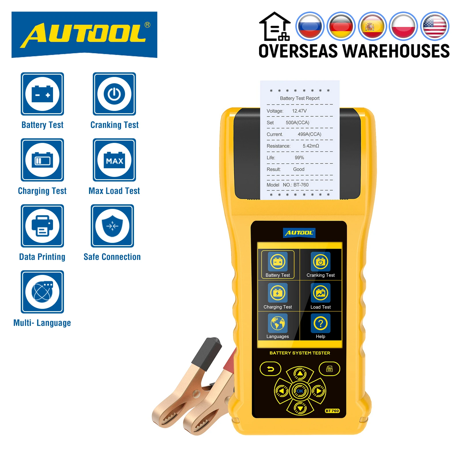 AUTOOL BT760 Car Battery Tester Analyzer 12V 24V Auto Cranking Charging ...