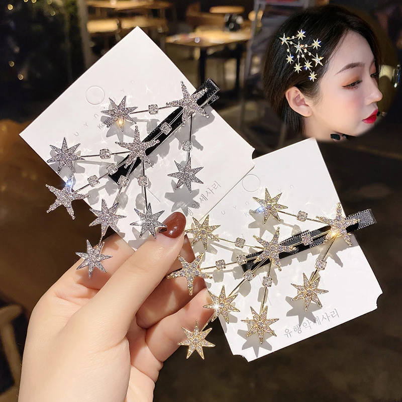 라인 석 스타 헤어 클립 여성을위한 핀 패션 바렛 머리 장식 소녀 달콤한 헤어핀 웨딩 신부 티아라 헤어 액세서리