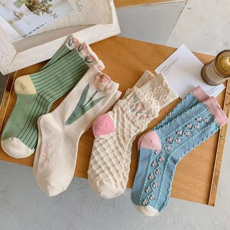 1/4 pair women's spring autumn color blocked flower tube socks gentle ...