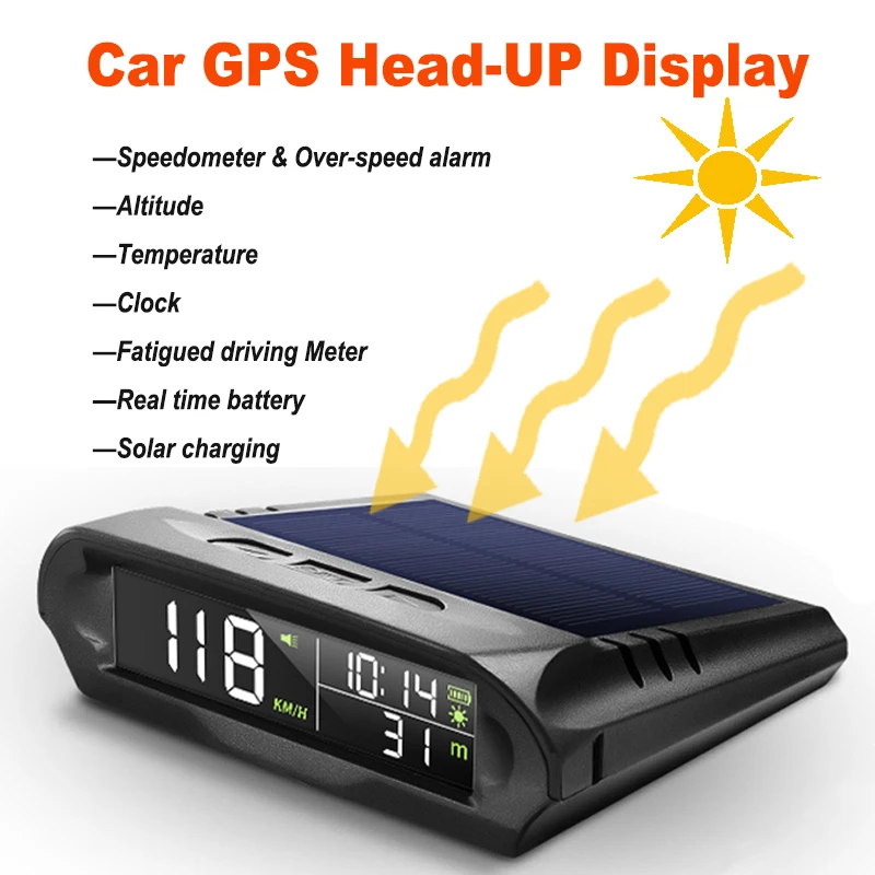 Solar Digital Car Hud Gps Head Up Display Auto Speedometer Over-speed ...