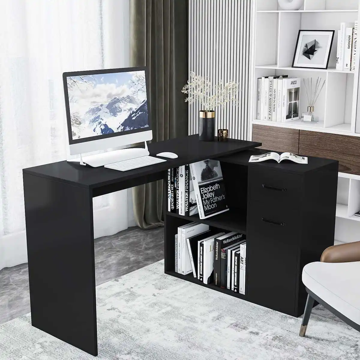 68 inch L-Shaped Rotating Computer Desk with Storage Shelves Modern ...