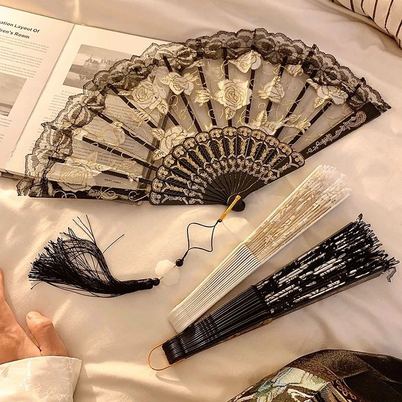 Chinese-Folding-Fans-Lace-Hand-Fan-White-Lace-Folding-Fan-with-Tassel ...