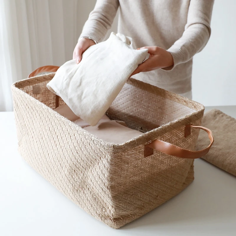 Jute Woven Storag Basket Foldable Clothes Organizer Basket with Handle ...