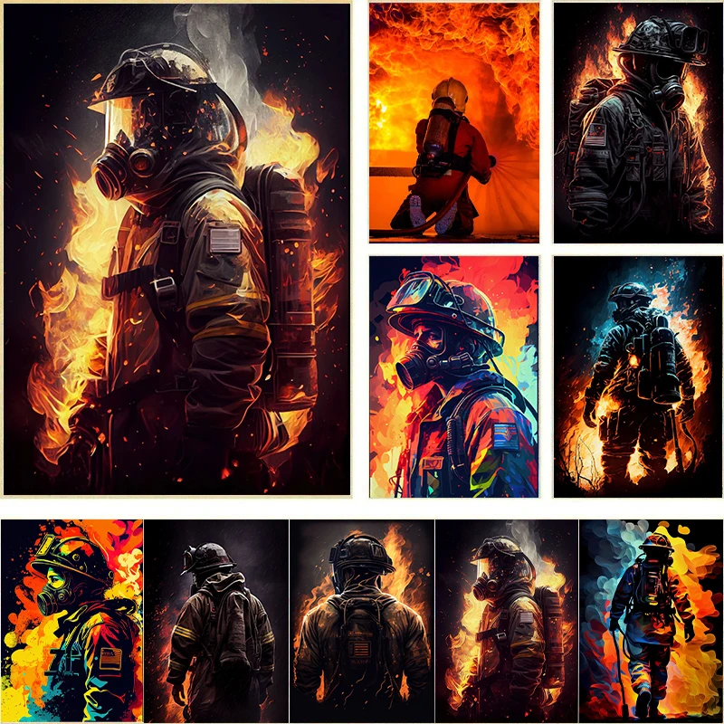 Flame Firefighter Hero Inspirational Poster Canvas Painting Rescue Fire ...