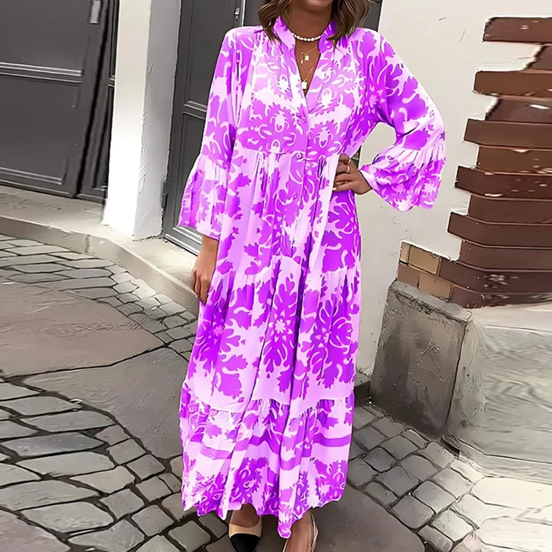 Spring Vintage Floral Print Bohemian Dress Women Sexy V Neck High Waist