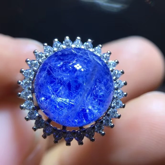 Natural-Blue-Rutilated-Dumortierite-Quartz-Adjustable-Ring-11mm-Round ...