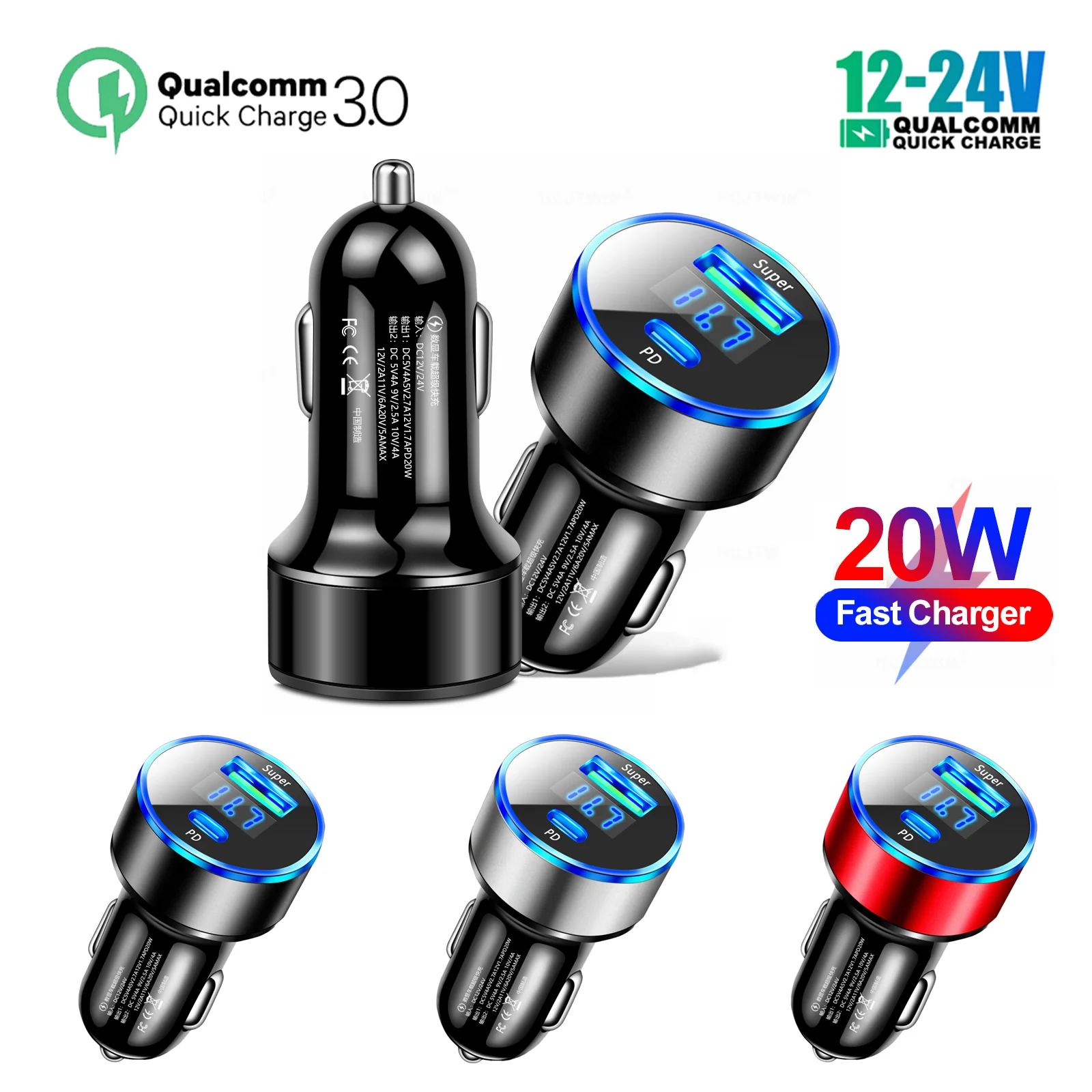 Dual USB Car Charger 15W 3.1A USB Type C Auto Cigarette Lighter Adapter ...
