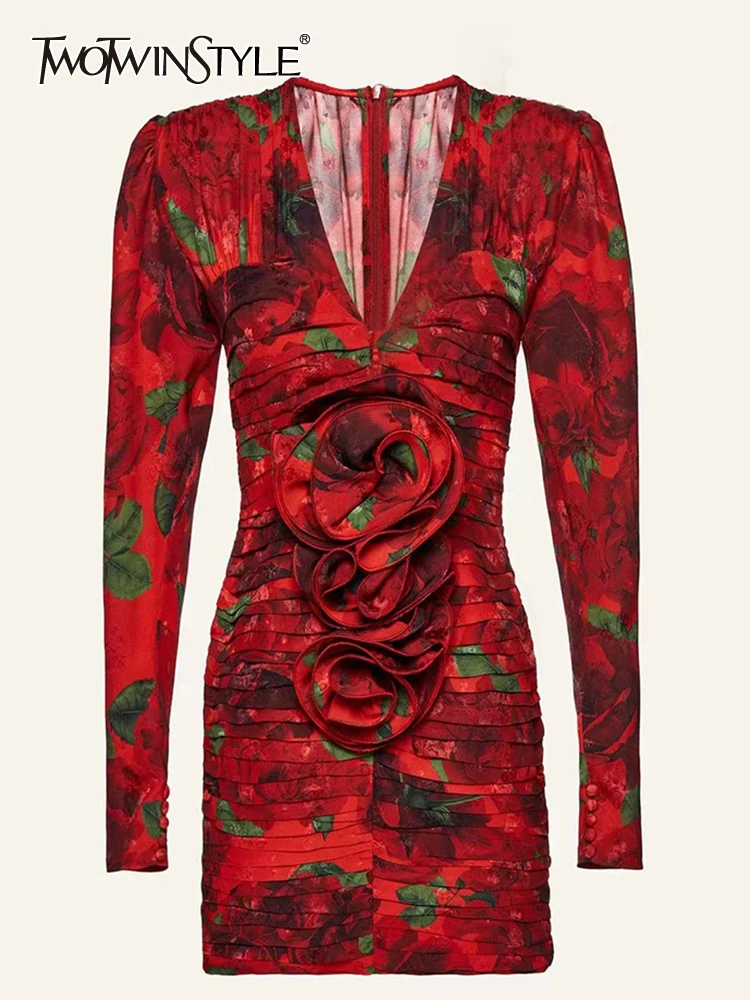 TWOTWINSTYLE-Patchwork-Floral-Dresses-For-Women-V-Neck-Long-Sleeve-High ...