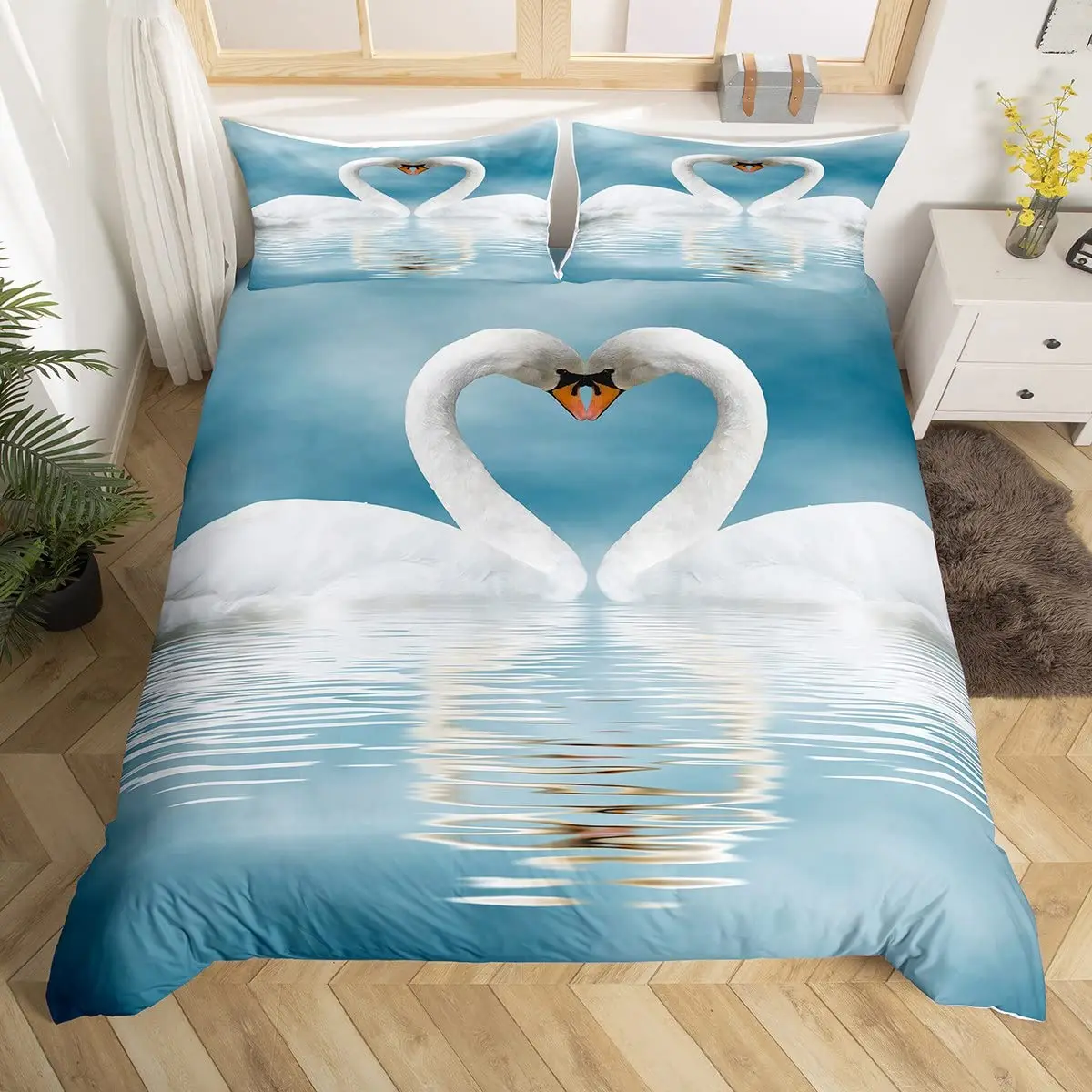 Swan-Duvet-Cover-Set-Blue-Sky-Hawaiian-Ocean-Style-Bedding-Set-3pcs ...