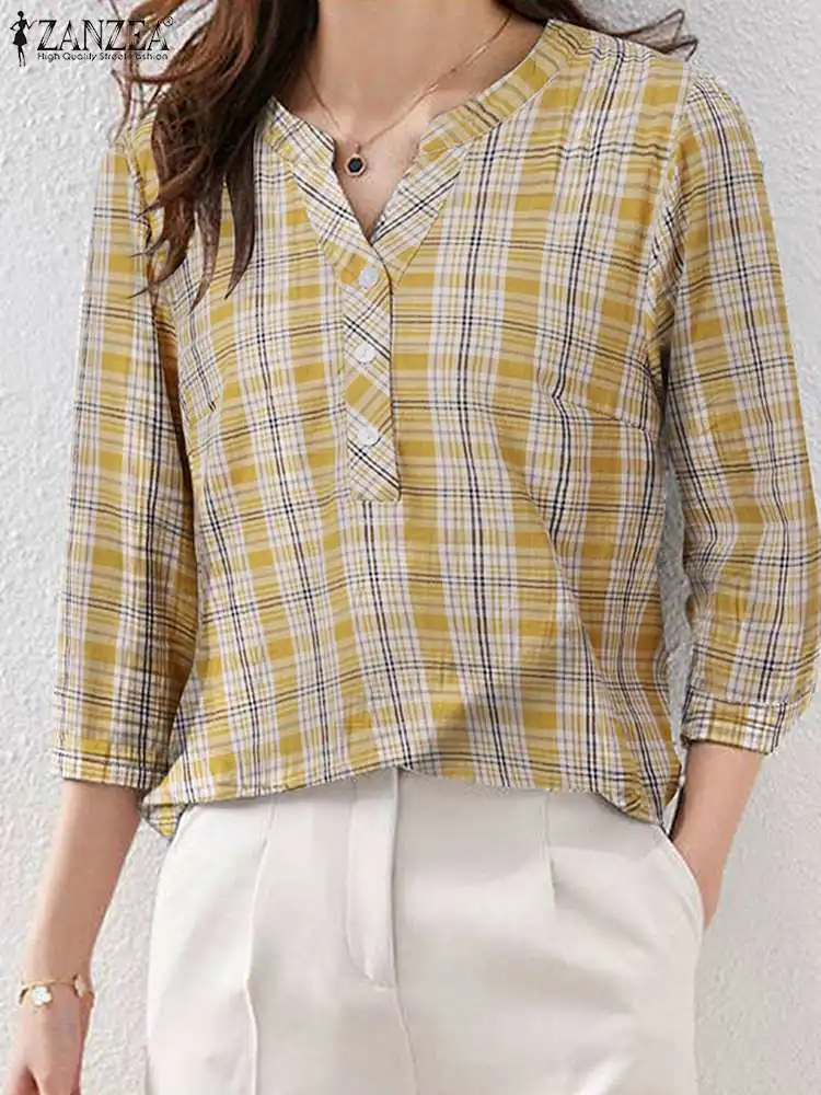 ZANZEA-Summer-Stylish-Plaid-Checked-Blouse-Women-V-Neck-3-4-Sleeve-Work ...