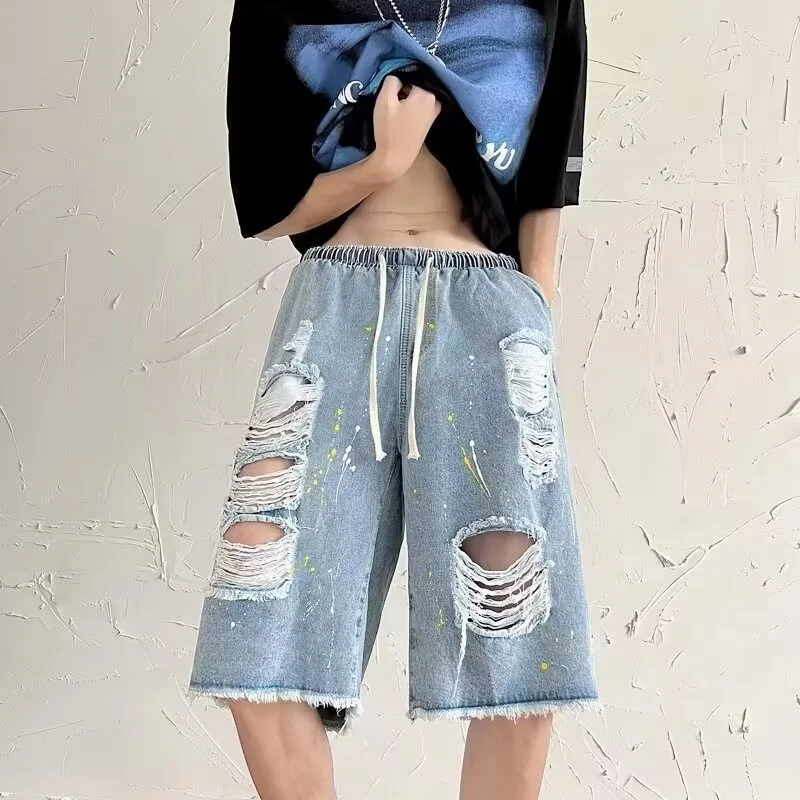 2025 Summer Hip Hop Fashion Ripped Jorts For Men Y2K Vintage Streetwear ...