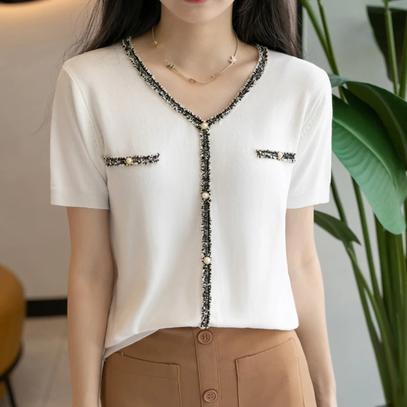 Summer-Thin-Button-Tops-Knitted-Tshirts-Women-Short-Sleeve-V-Neck-T ...