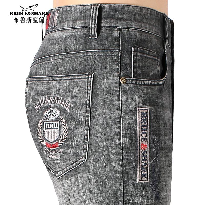 Bruce-Shark-Jeans-de-algod-o-fino-stretch-masculino-cal-as-retas-banda ...