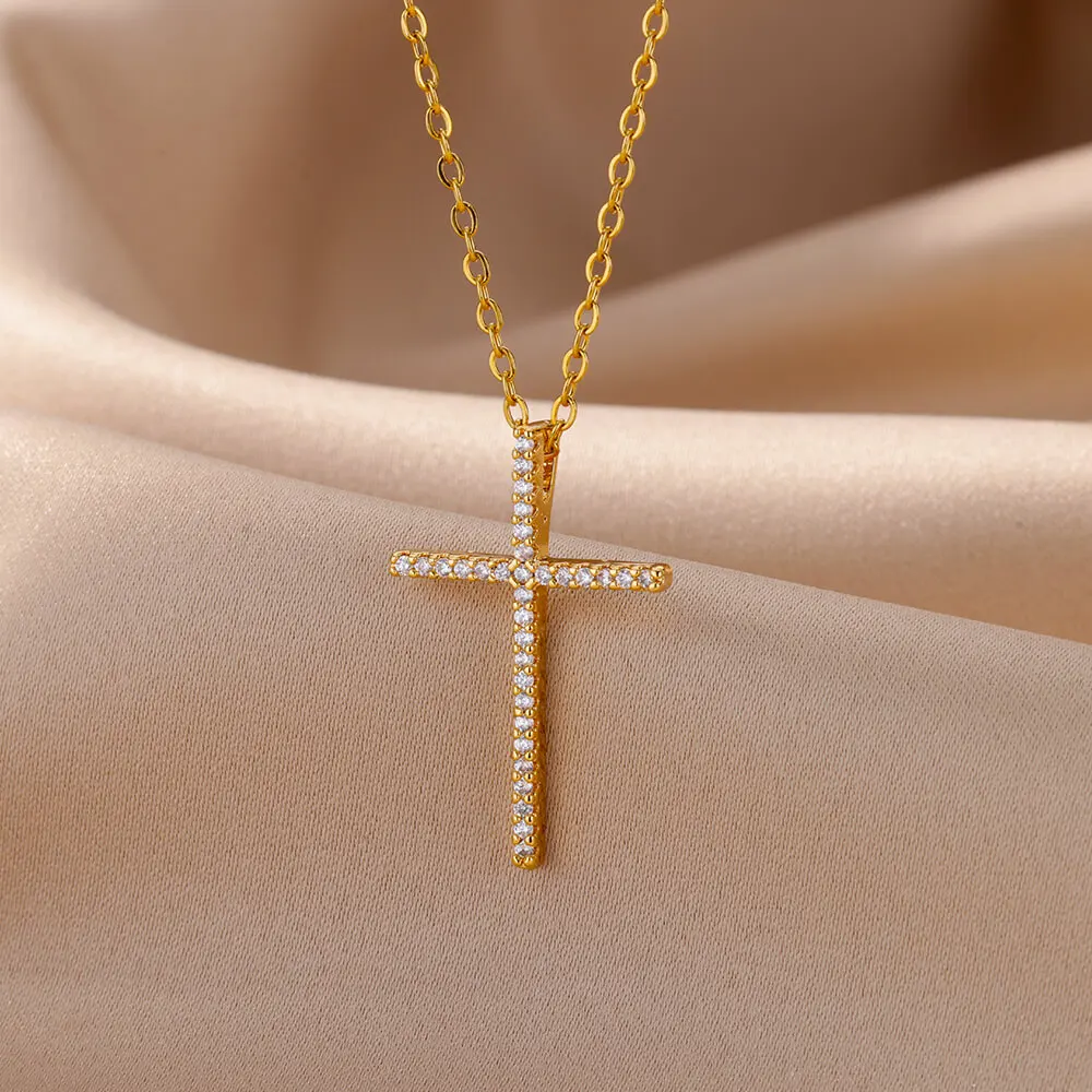 Zircon-Long-Cross-Pendant-Necklace-For-Women-2023-Trendy-Gold-Color ...