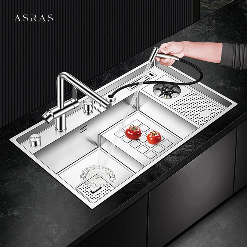 ASRAS New Cup Rinser Stepped Kitchen Sink SUS 304 Stainless Steel Large ...
